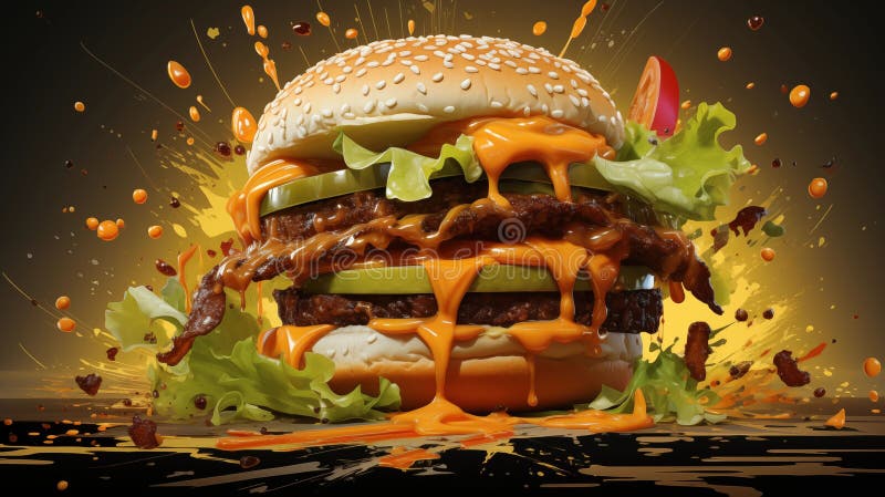 AI Generated Illustration of an Exploded Cheese Burger, with Toasted ...