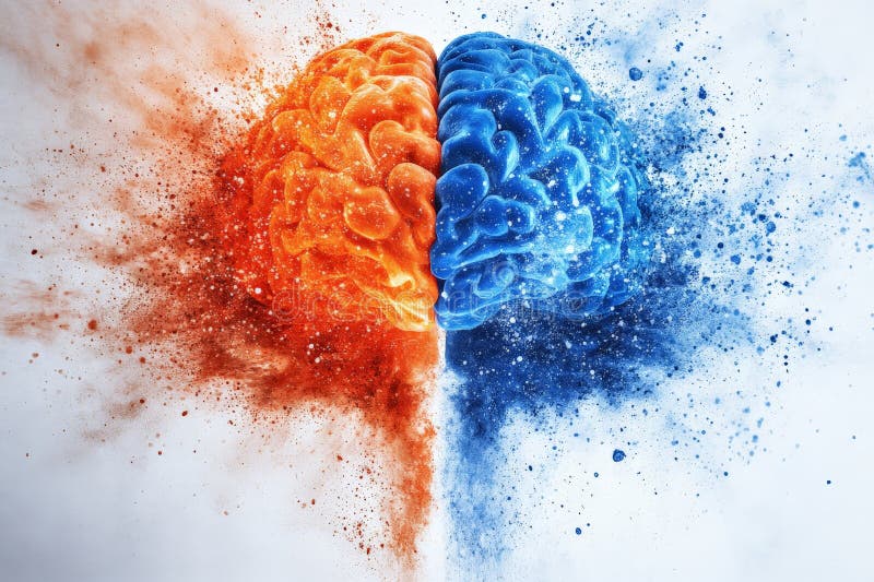 Explosive Visualization of Two Brains Colliding Orange Blue Powder ...