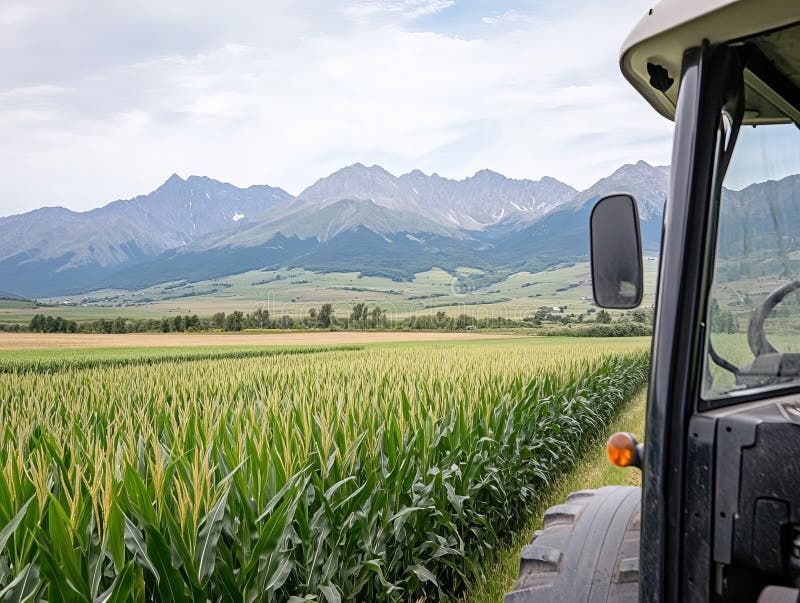 Farmer Inside a Tractor Cabin Overlooking Vast Cornfields with Majestic ...