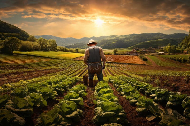 AI Generated Illustration of a Farmer Tending To His Organic Crops ...