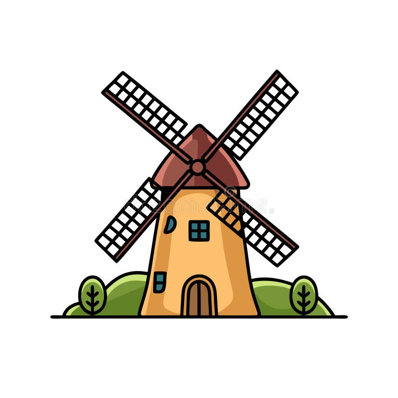 Rustic Windmill Vector Illustration with Greenery and Blue Sky ...