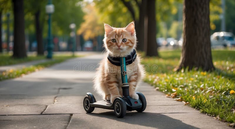Cute Cat on a Scooter, Happy Kitten Taking a Ride on a Cute Scooter ...