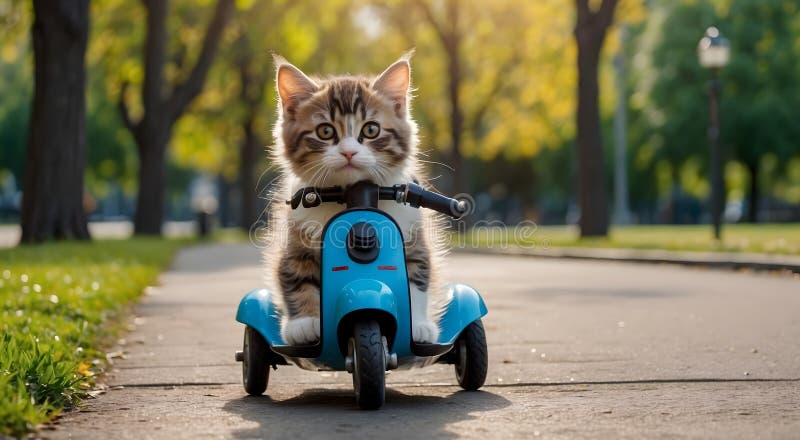 Funny Cat on a Scooter, Happy Kitten Taking a Ride on a Cute Scooter ...