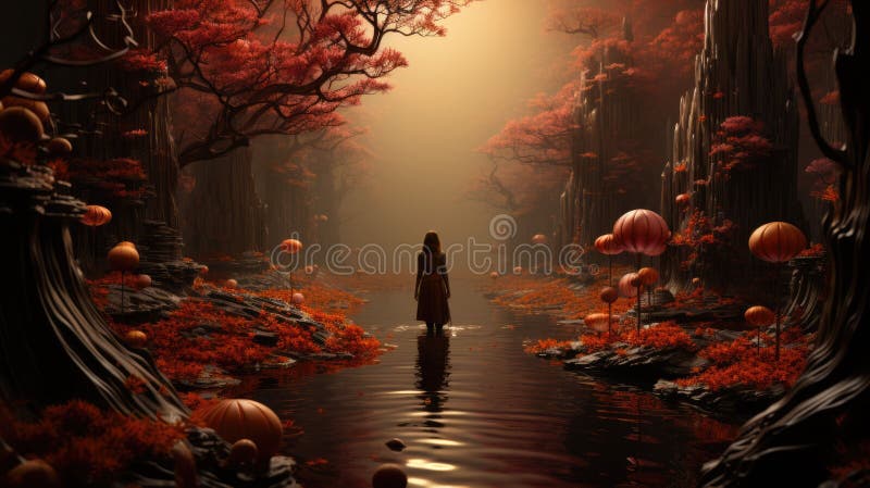 AI Generated Illustration of a Female Silhouette Walking in a Lush Red ...