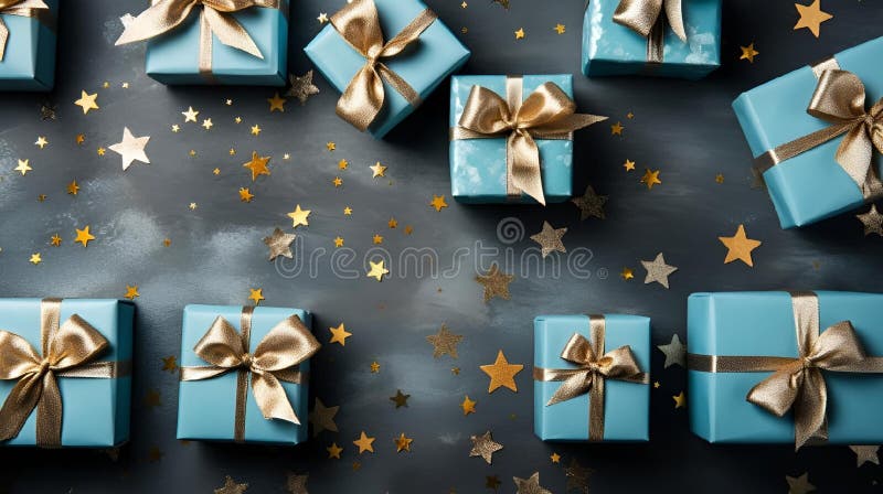 A Christmas Photo with Five Blue Gift Boxes in the Middle, Each of ...
