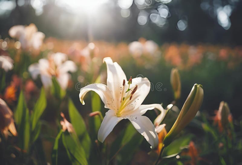 A Field with Many Flowers with the Sun Coming through the Trees Stock ...