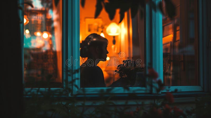 AI Generated Illustration of a Figure by a Lit Window at Night Stock ...