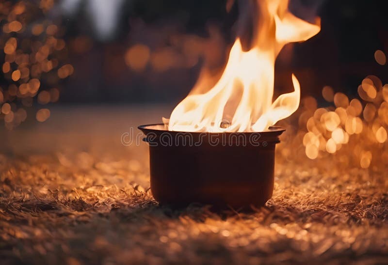 AI Generated Illustration of Fire Burning in a Black Pot on the Ground ...