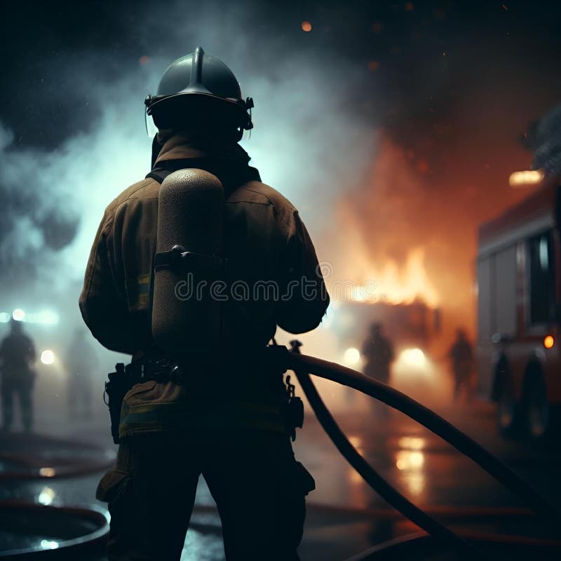 AI Generated Illustration of a Firefighter Stands in Front of a Raging ...