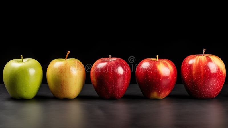 Five Different Colorized Apples Standing in a Line on a Black Table ...