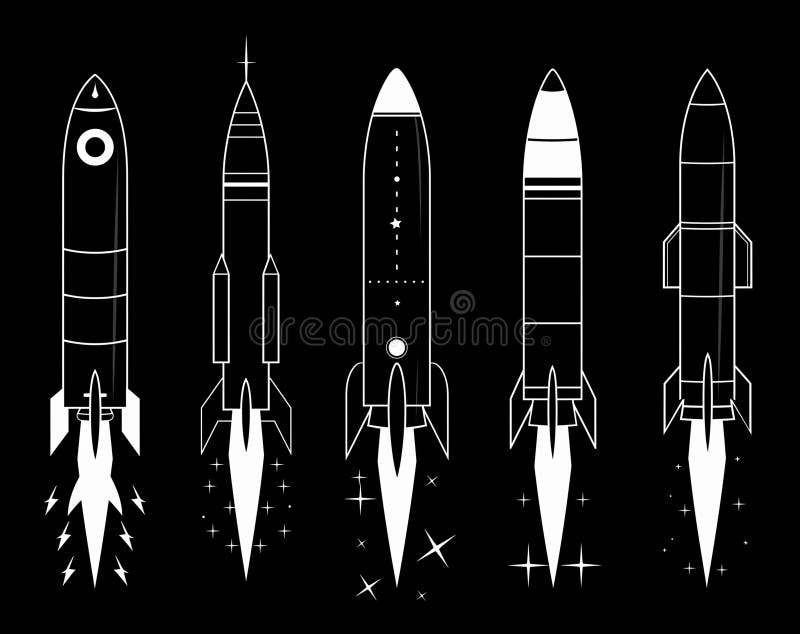 White Rockets with Different Shapes are Seen Against a Black Background ...