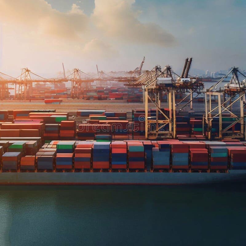 AI Generated Illustration of a Fleet of Container Ships Docked in a ...