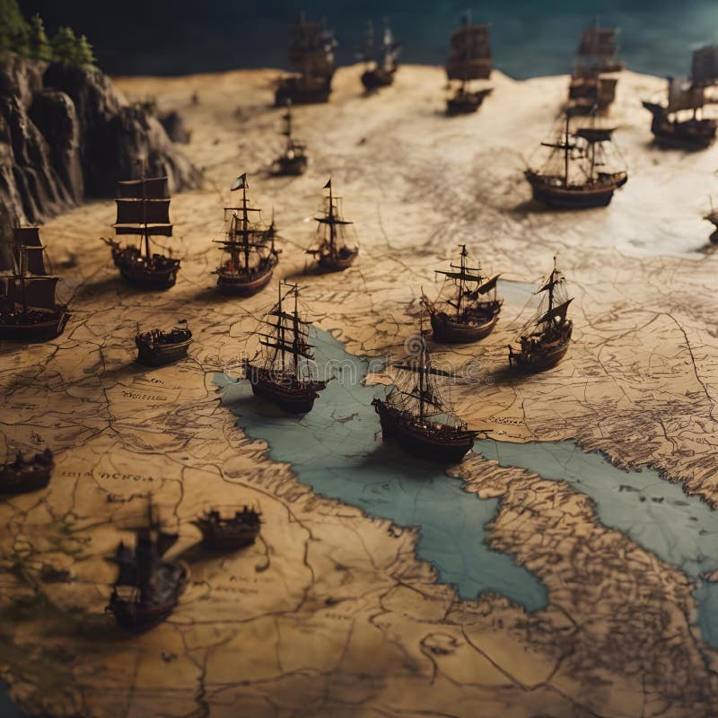 AI-generated Illustration of a Fleet of Miniature Ships on a Map Stock ...