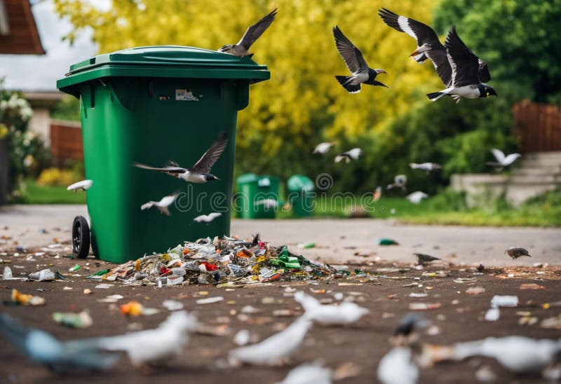 A Flock of Birds Hovering Around a Trash Can, Which is Overflowing with ...