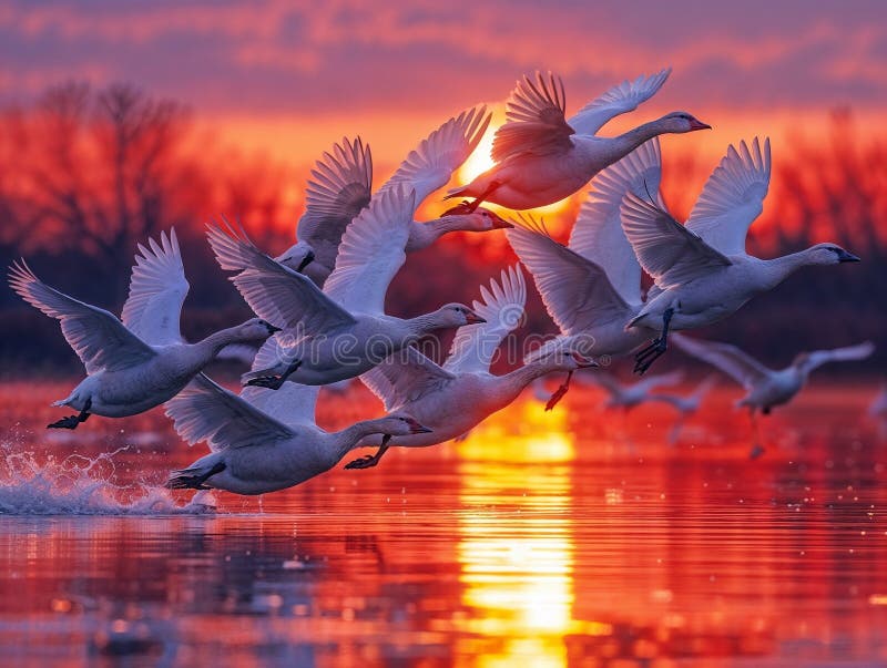 AI Generated Illustration of a Flock of Swans Gracefully Gliding Over a ...