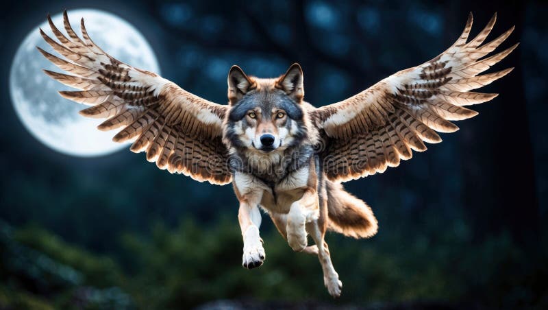 AI Generated Illustration of a Flying Wolf with Wings in Front of a ...