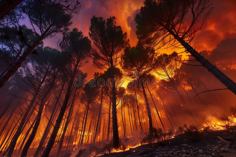 AI-generated Illustration of Forest Trees Ablaze on Forest Edge Stock ...