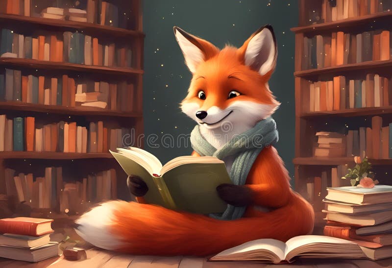 A Fox Sitting in a Library Reading a Book Under the Stars Stock ...