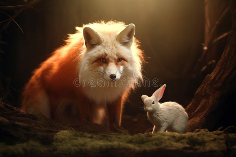 AI Generated Illustration of a Fox and a White Rabbit in a Forest, the ...