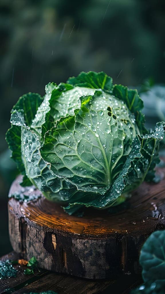 AI Generated Illustration of a Fresh Cabbage on a Tree Stump in Lush ...