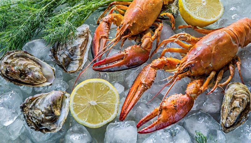 AI Generated Illustration of Fresh Lobsters and Shellfish on Ice Stock ...