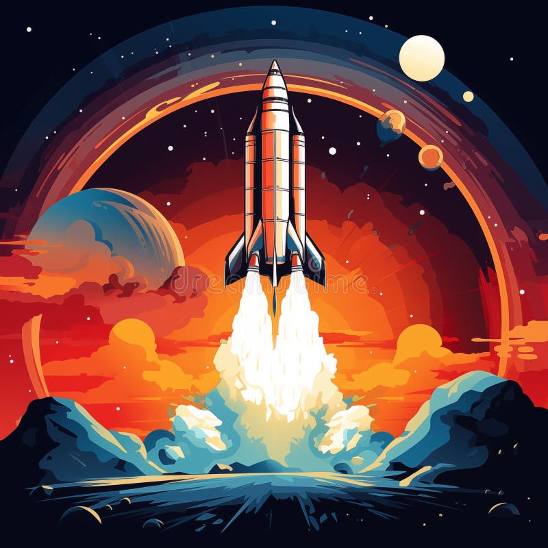 An Illustration of a Rocket Taking Off into the Sky with Mountains in ...