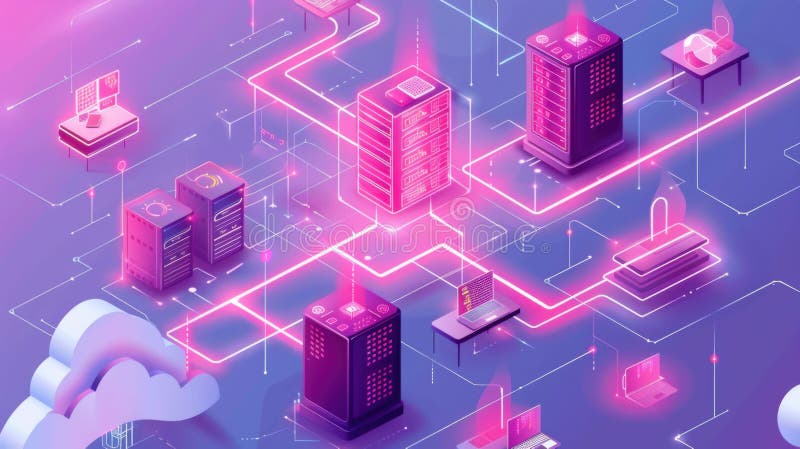 Futuristic Illustration Of A Cloud Computing Network With Servers And Devices Connected Stock