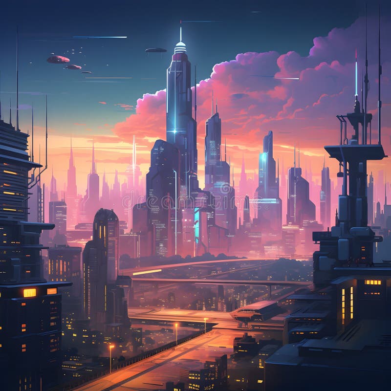 AI Generated Illustration of a Futuristic Landscape with Various Elements of Science Fiction ...
