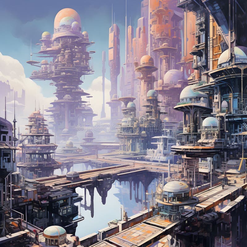 AI Generated Illustration of a Futuristic Landscape with Various ...