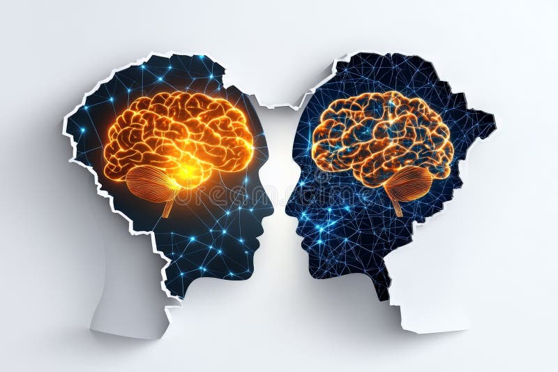 Futuristic Representation of Two Digital Head Profiles Glowing Brain ...