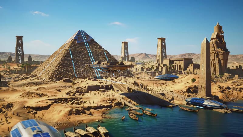 Futuristic UFO Over a Riverfront Desert Landscape with Pyramid, Ancient ...