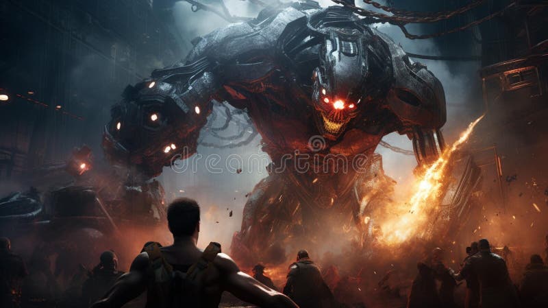 AI Generated Illustration of a Giant Robot with Red Eyes Attacking ...