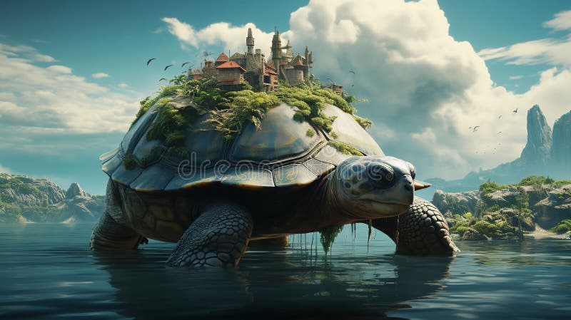 AI-generated Illustration of a Gigantic Turtle Carrying a Small Town on ...