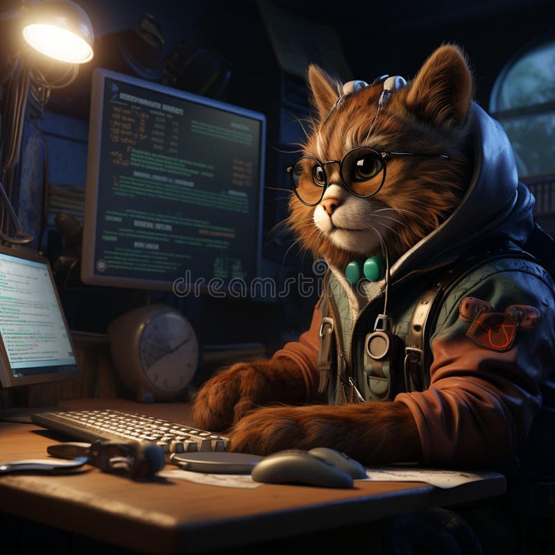 AI Generated Illustration of a Ginger Cat with Glasses, Sitting at a ...