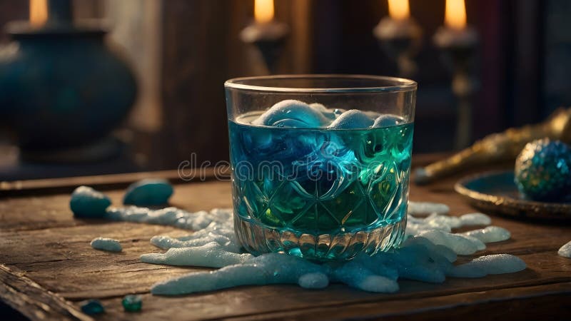 Ai Generated Illustration Of Glass Cup With Tealight Candle And Snow Filled Tray With Crystals