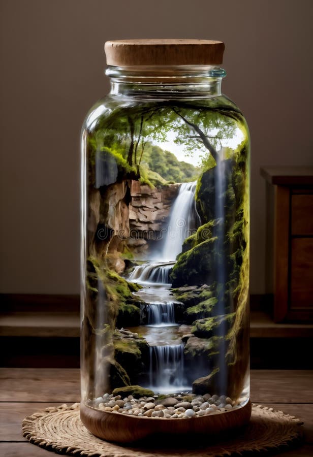 AI Generated Illustration of a Glass Jar with a Flowing Waterfall ...
