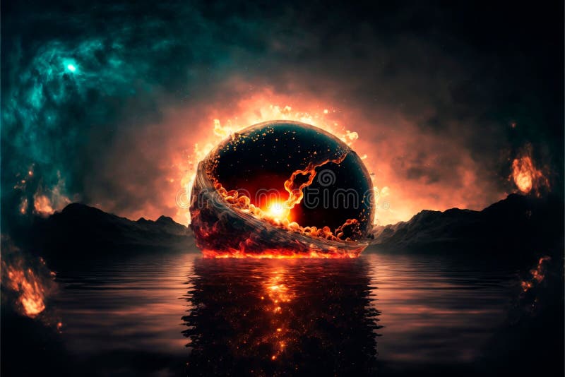 AI-generated Illustration of a Glowing Dark Sphere on the Water S ...