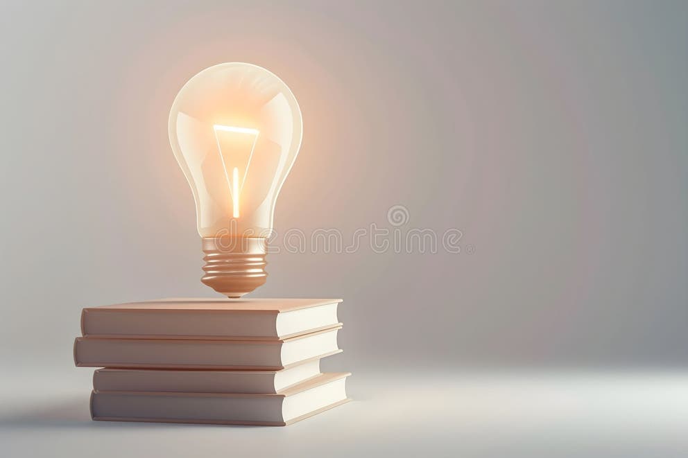 AI Generated Illustration of a Glowing Light Bulb Balancing on a Stack ...