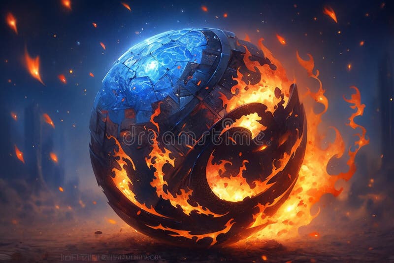 AI Generated Illustration of a Glowing Orb of Fire with a Blue Sphere ...