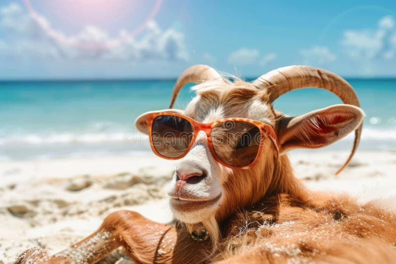 AI Generated Illustration of a Goat with Sunglasses Resting on a Sandy ...