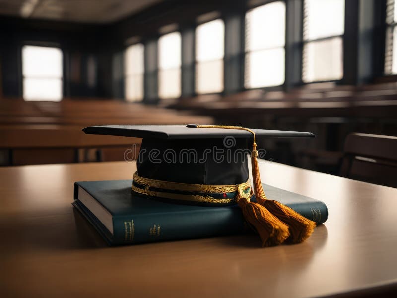 A Graduation Hat is Resting on a Pile of Books in the Classroom Stock ...
