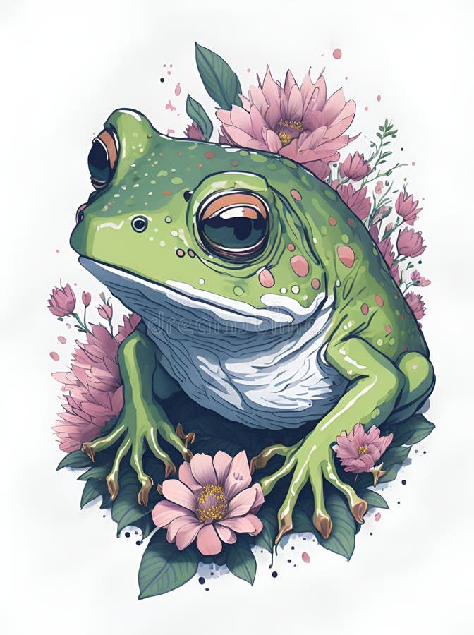 AI Generated Illustration of Green Frog with Flowers on White ...
