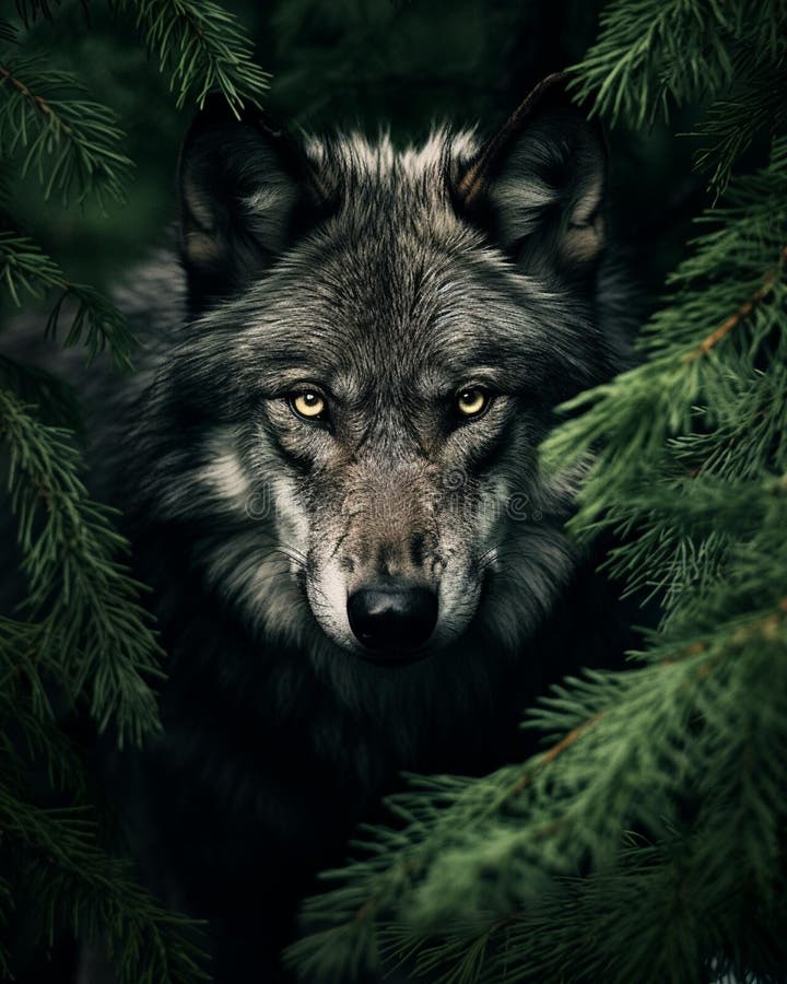 AI Generated Illustration of a Grey Wolf in a Forest, Looking Out from ...