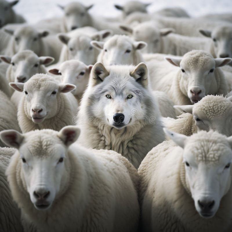 AI-generated Illustration of a Grey Wolf Standing Amongst White Sheep ...