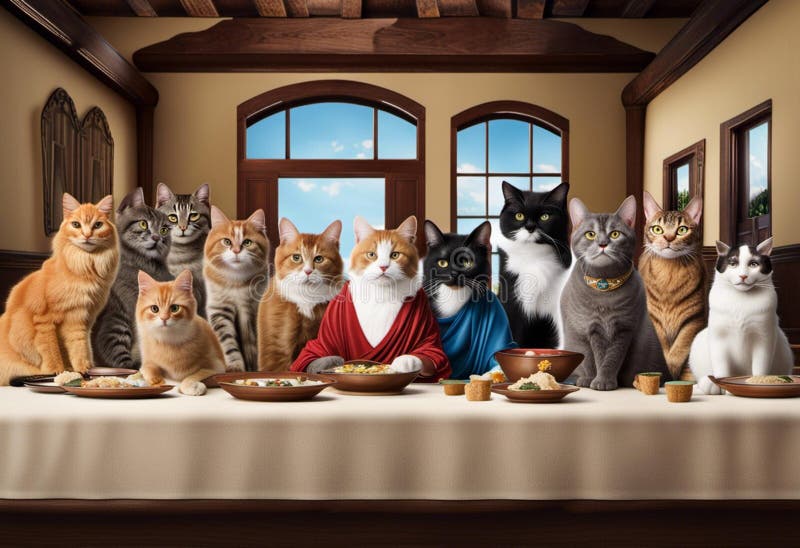 AI Generated Illustration of a Group of Cats Gathering Around a Dinner ...