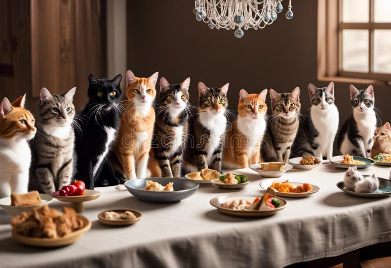 AI Generated Illustration of a Group of Cats Gathering Around a Dinner ...