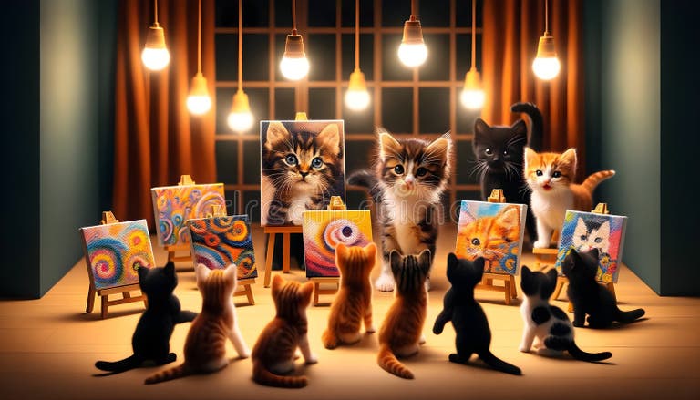 AI Generated Illustration of a Group of Cats Perched on Table in Front ...