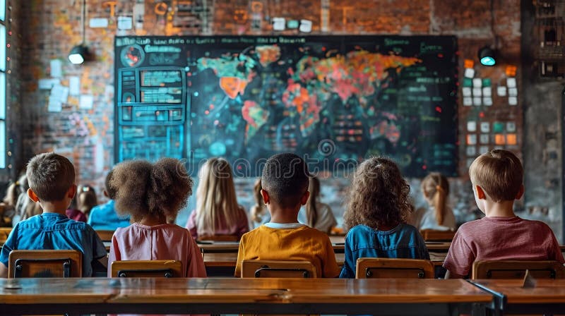 A Group of Children Sitting in Front of a Blackboard Stock Illustration ...