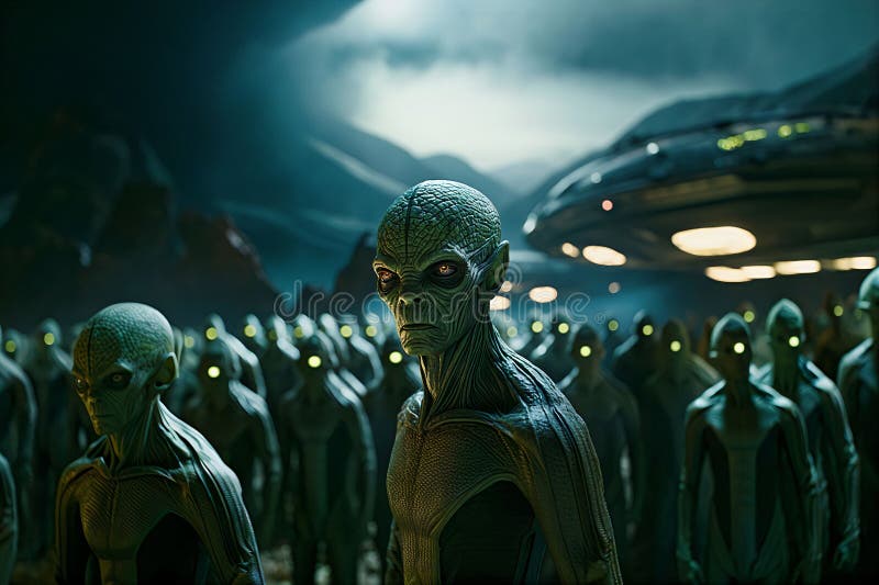 A Bunch of Aliens Standing Together in Front of Alien Heads Stock ...