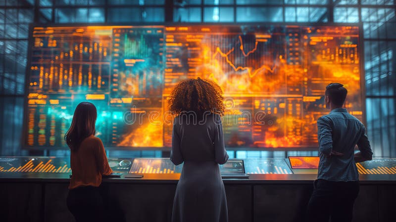 People Standing in Front of a Computer Screen with Glowing Lights Stock ...